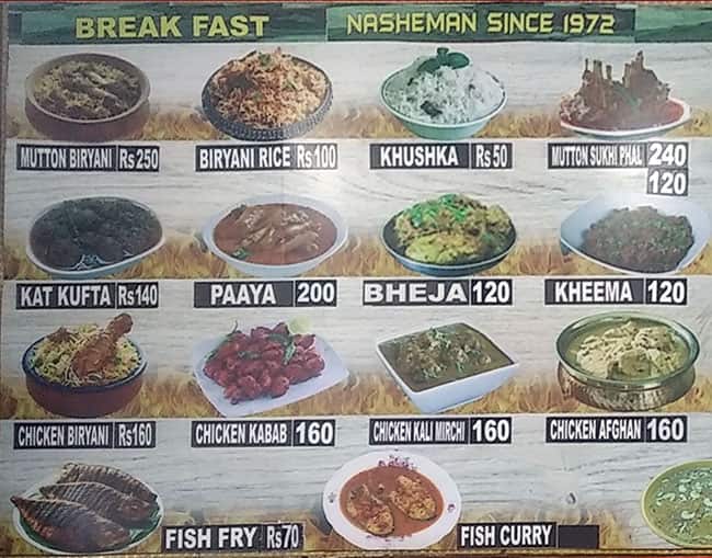 Menu of Nasheman Foods, Mandi Mohalla, Mysore