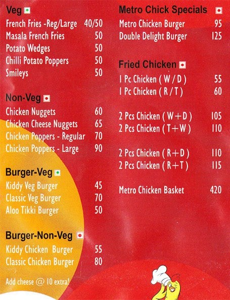 Menu at Metro Chick, Bengaluru, 162