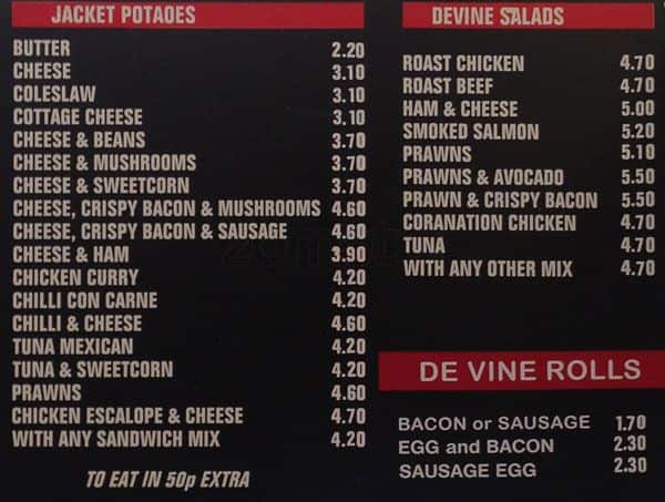 Menu at De Vine cafe, London
