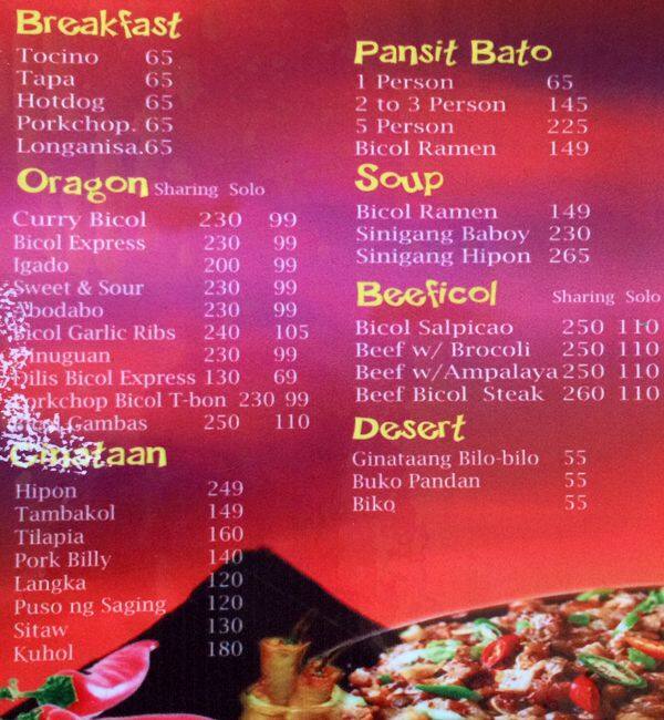 Menu at Bicol Ini Restaurant, Parañaque