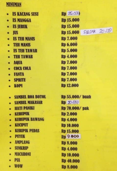 Menu at Pondok Nyiur Melambai restaurant, North Jakarta, RWV5+H57