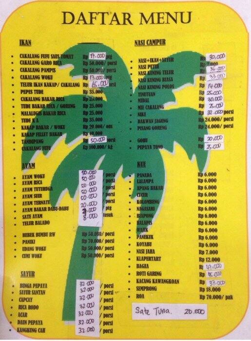 Menu at Pondok Nyiur Melambai restaurant, North Jakarta, RWV5+H57
