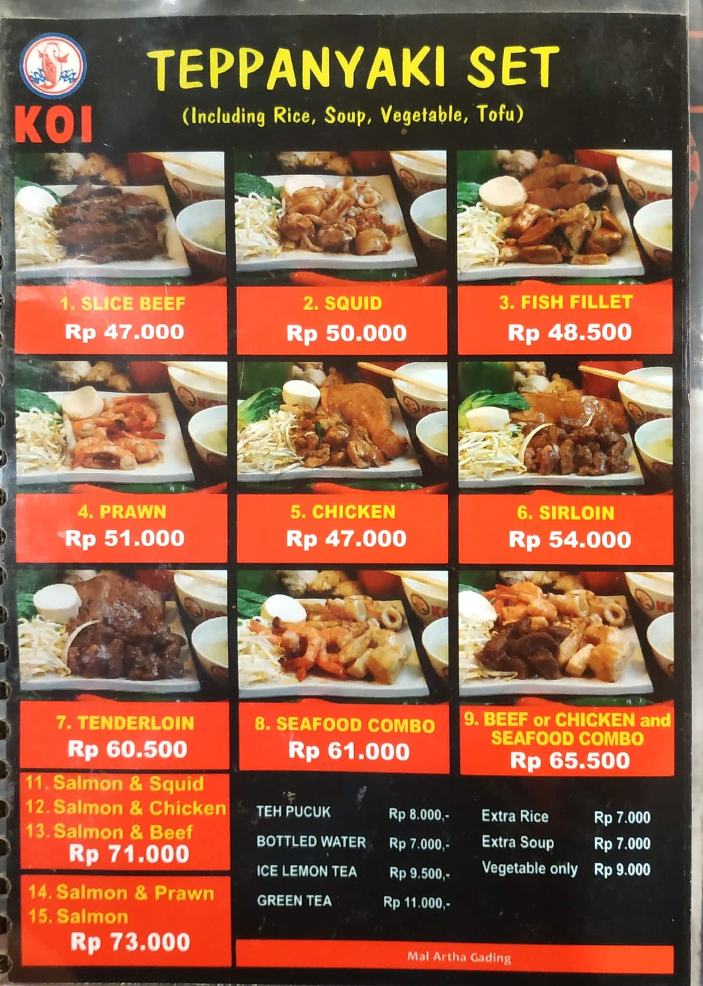 Menu at KOI Teppanyaki restaurant, Jakarta, Blok