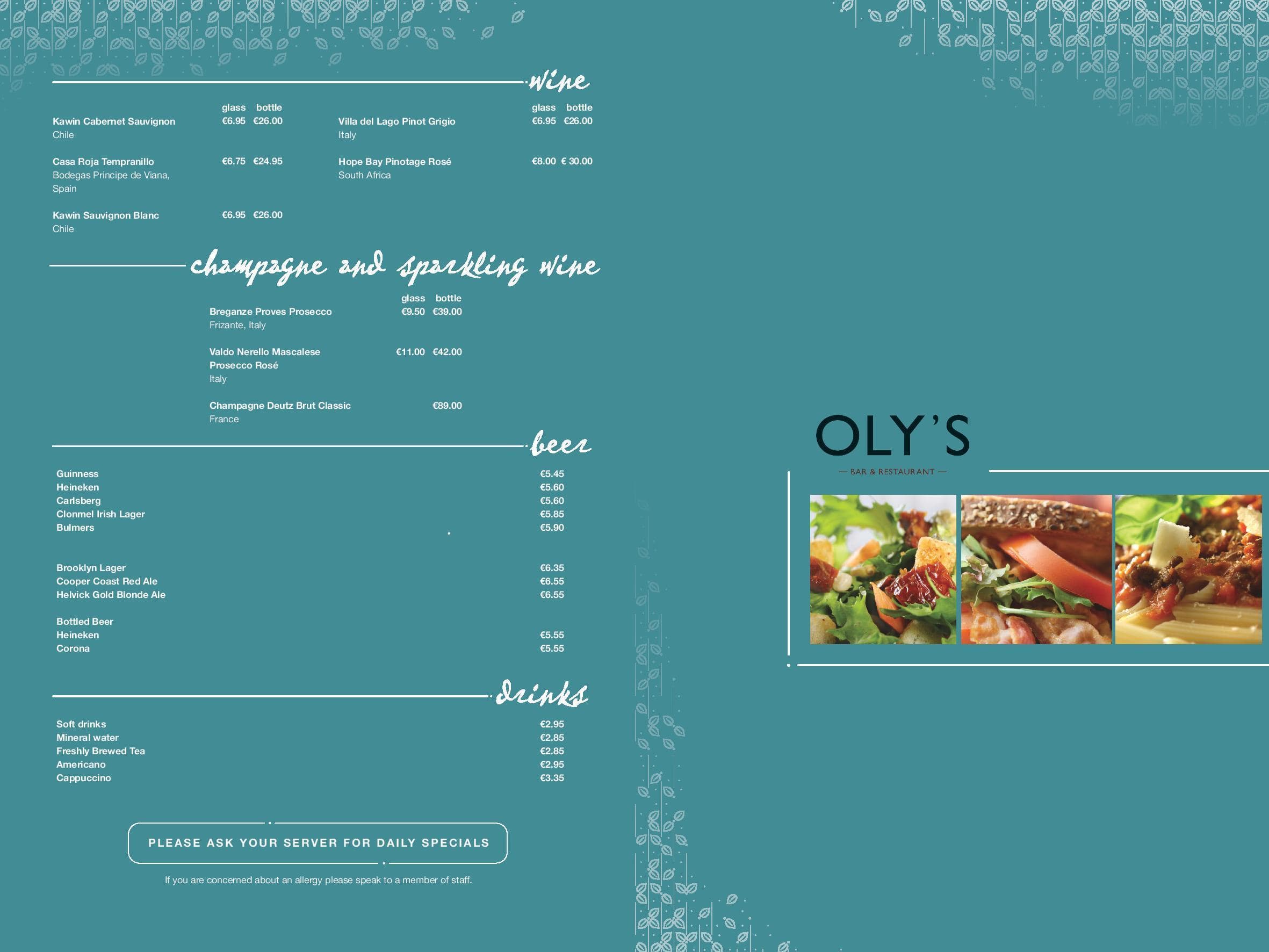Menu at Oly’s Bar and Restaurant, Dublin