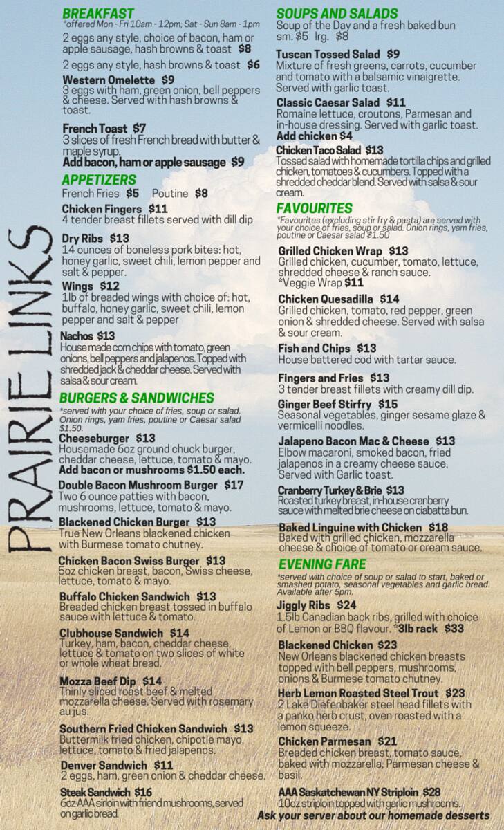 Menu at Prairie Links Restaurant, Warman