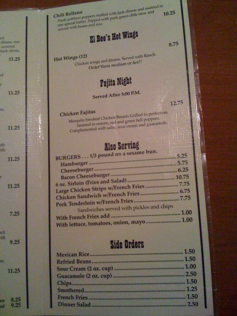 Online Menu of El Bees Restaurant, Waterloo, Nebraska, 68069 - Zmenu