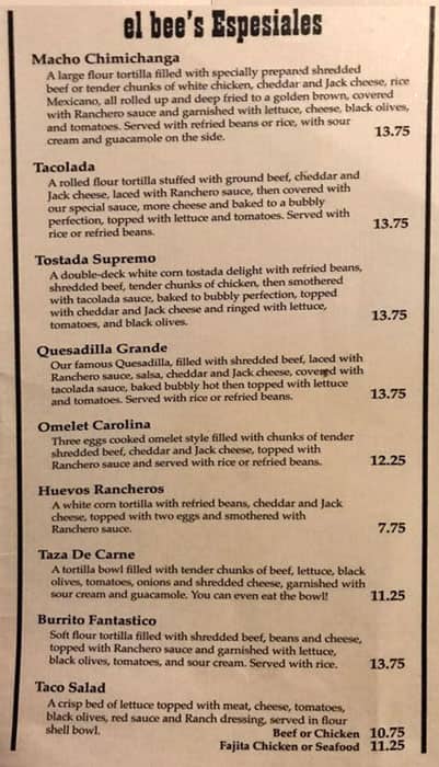 Menu at El Bee's restaurant, Waterloo, N 240th St
