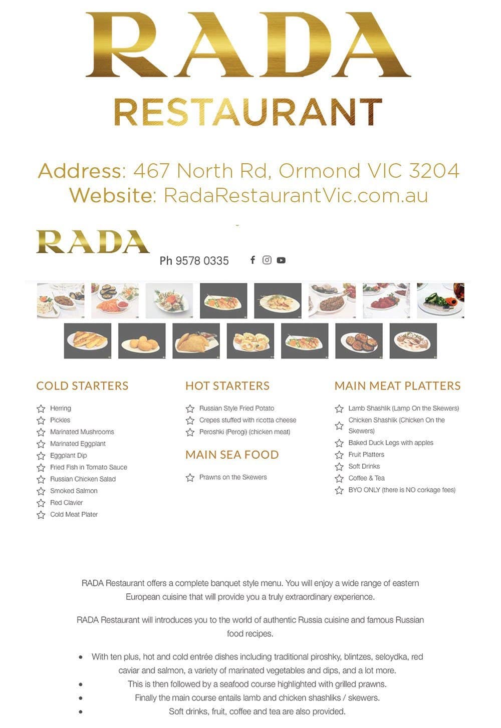 Menu at Rada Restaurant, Ormond