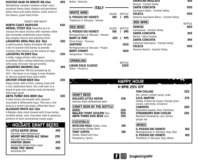Menu at Single Origin cafe, Makati