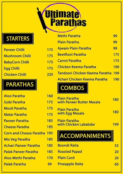 Menu of Ultimate Parathas, BTM, Bangalore