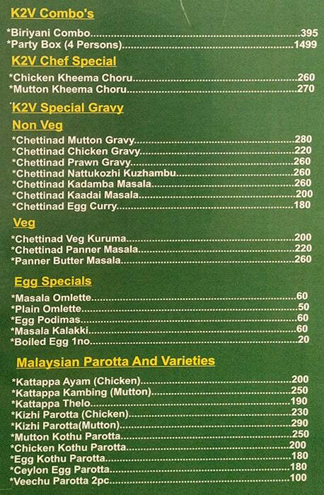 Menu at KARAIKUDI KAIVANNAM, Chennai