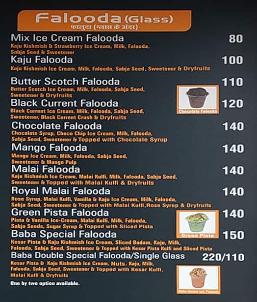 Menu of Baba Falooda, Jogeshwari, Mumbai