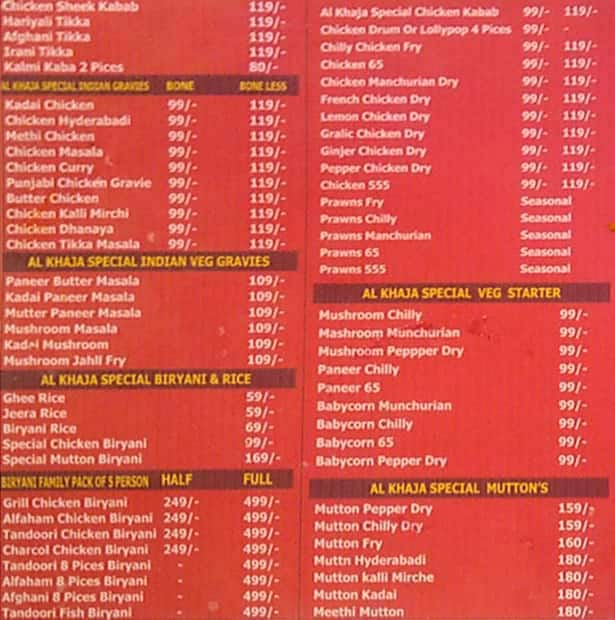 Menu at Al khaja Restaurant, Bengaluru