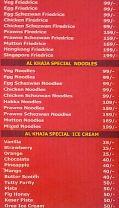 Menu at Al khaja Restaurant, Bengaluru