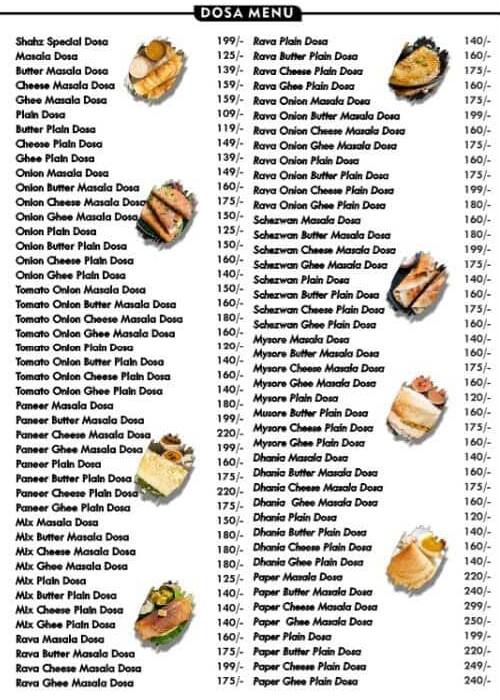 Menu of Shahz Cafe Dosa, Park Circus Area, Kolkata