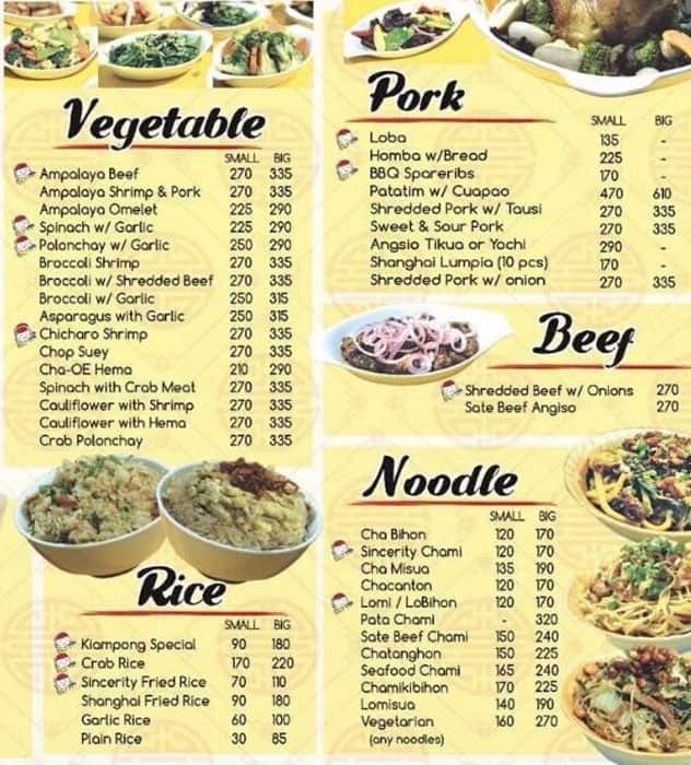 Menu at Express Sincerity restaurant, Quezon City