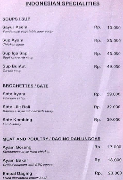 Menu at Kintamani restaurant, Bogor, Jl.Raya Pajajaran no.75