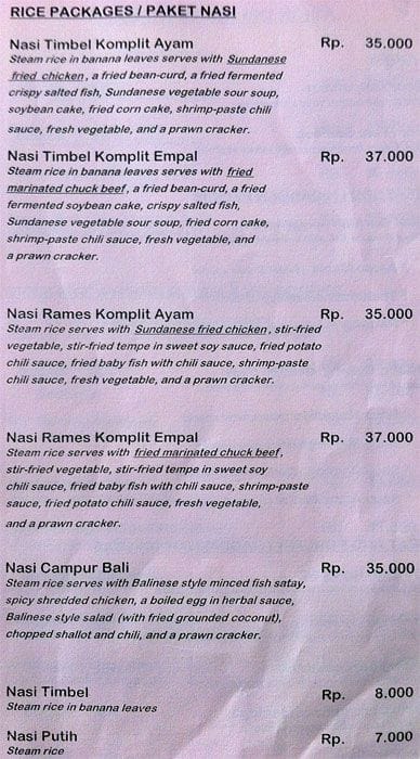 Menu at Kintamani restaurant, Bogor, Jl.Raya Pajajaran no.75