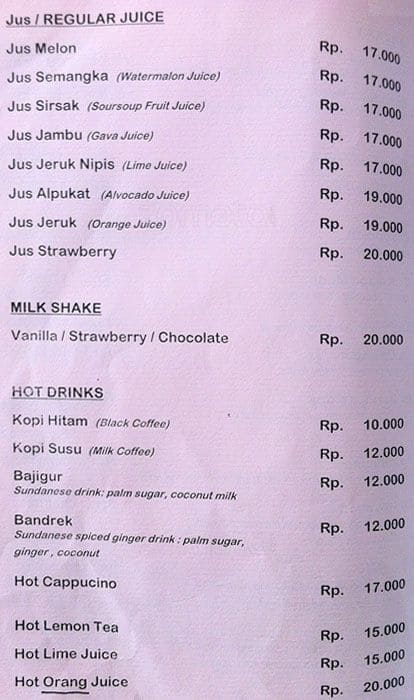 Menu at Kintamani restaurant, Bogor, Jl.Raya Pajajaran no.75