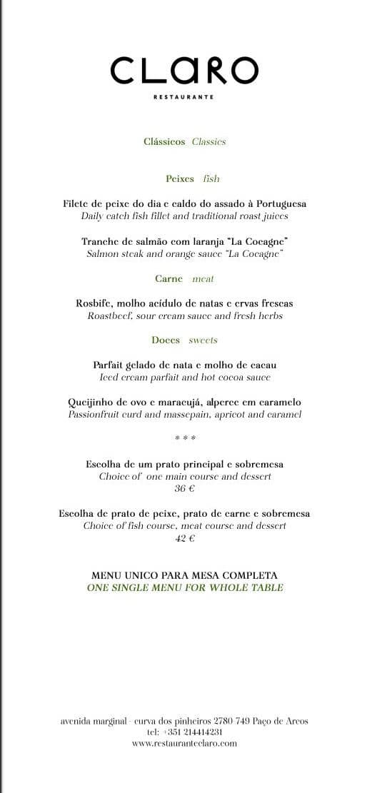 Restaurante Claro Menu, Menu de Restaurante Claro, Paço de Arcos ...