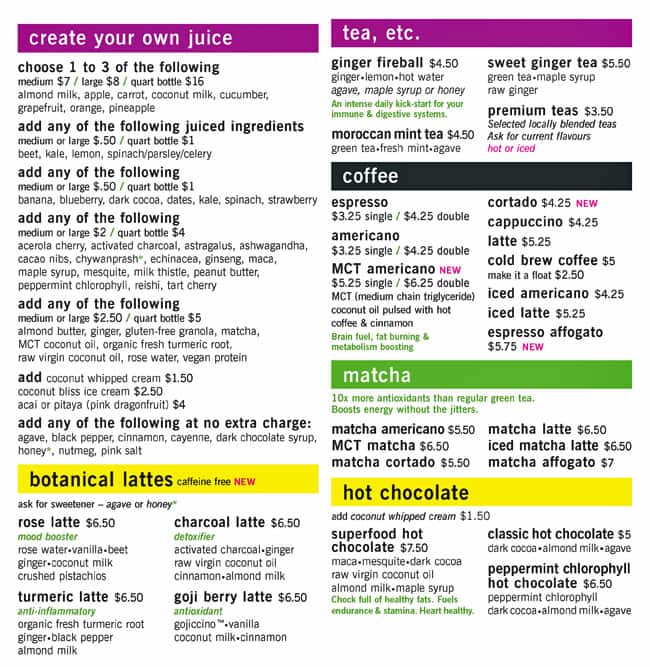 Menu at Fresh Kitchen + Juice Bar, Toronto