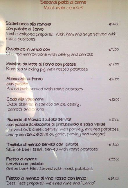 Carta del restaurante La Buca di Ripetta, Roma