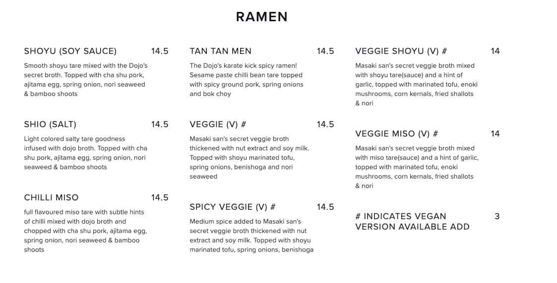 Menu at The Dojo Ramen Bar, Northcote