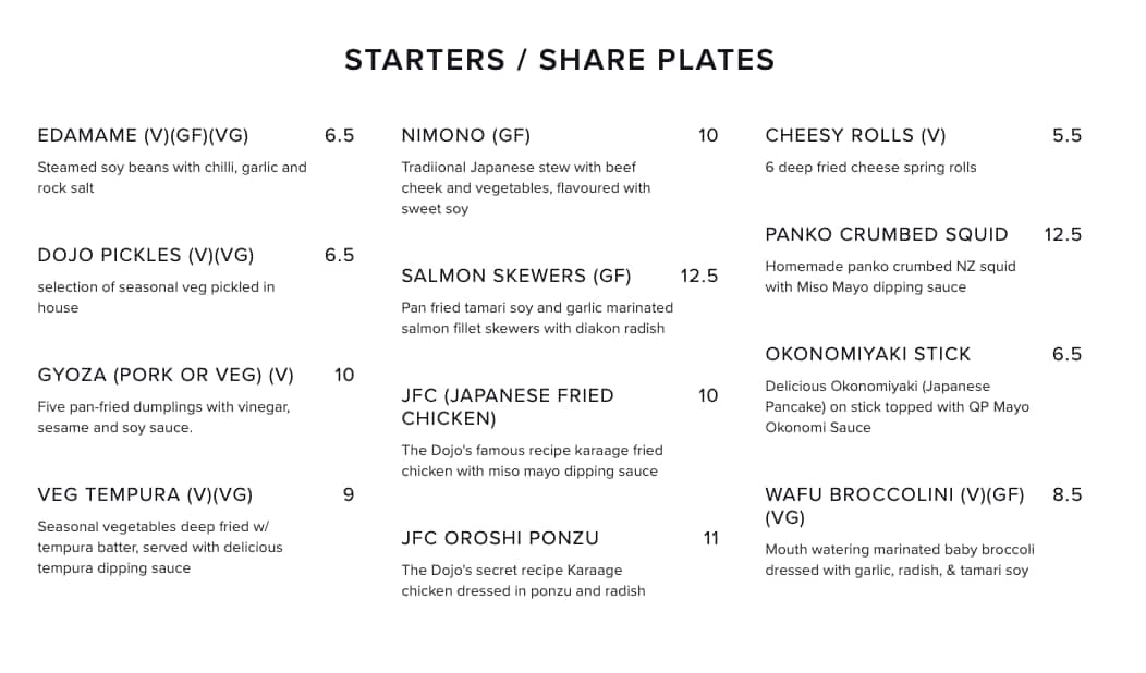 Menu at The Dojo Ramen Bar, Northcote