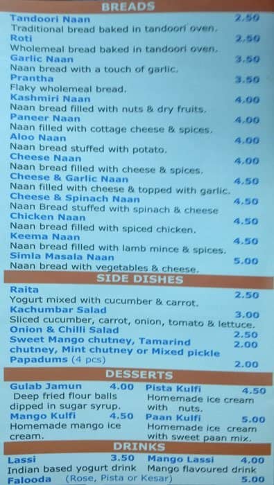Menu at Simla Indian Restaurant, Carindale