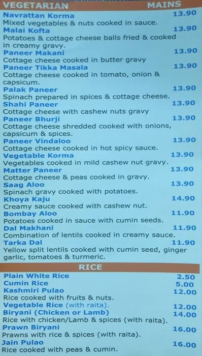 Menu at Simla Indian Restaurant, Carindale
