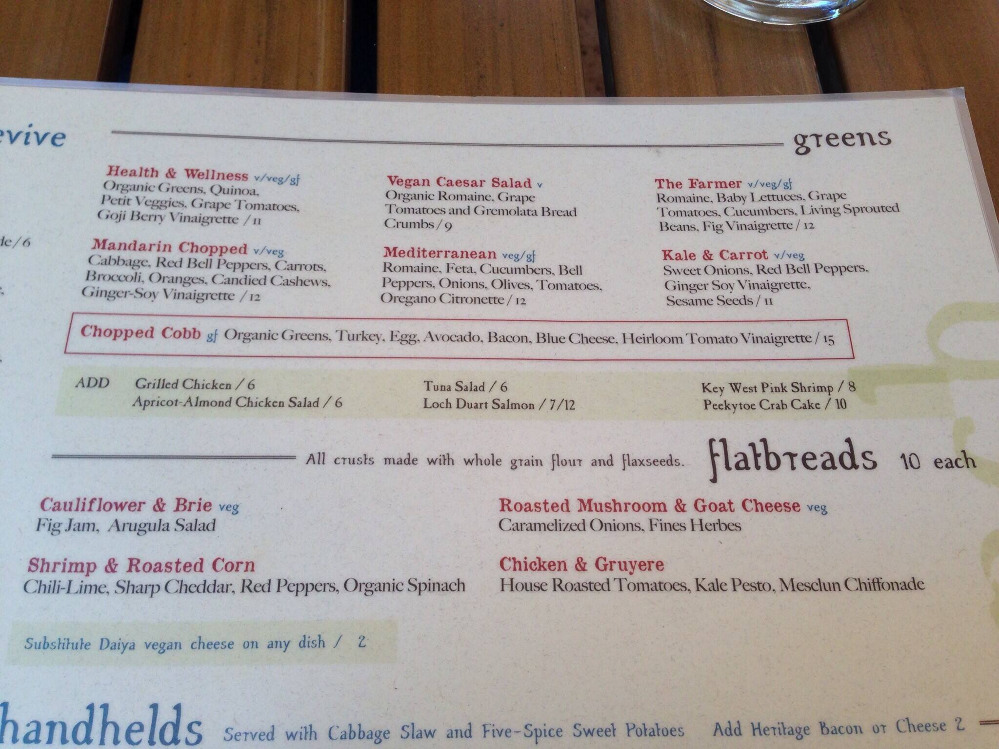 Menu at Farmer's Table restaurant, Boca Raton