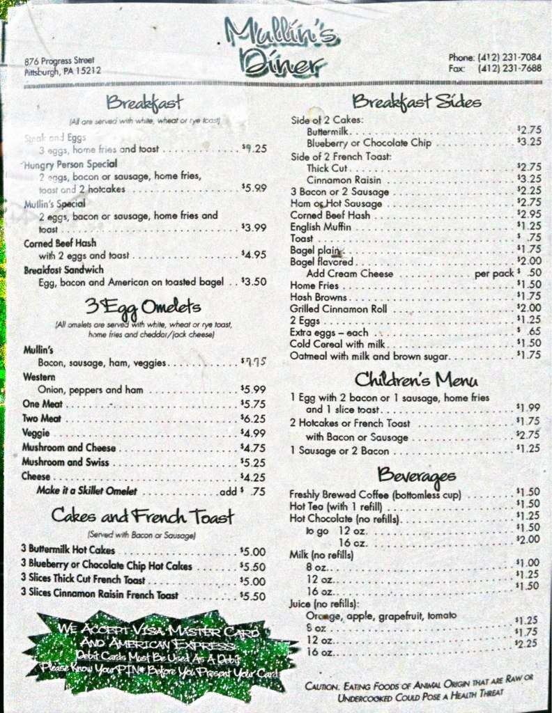 Carta del restaurante Mullin's Diner, Pittsburgh