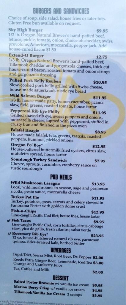 Menu at Sky High Brewing pub & bar, Corvallis
