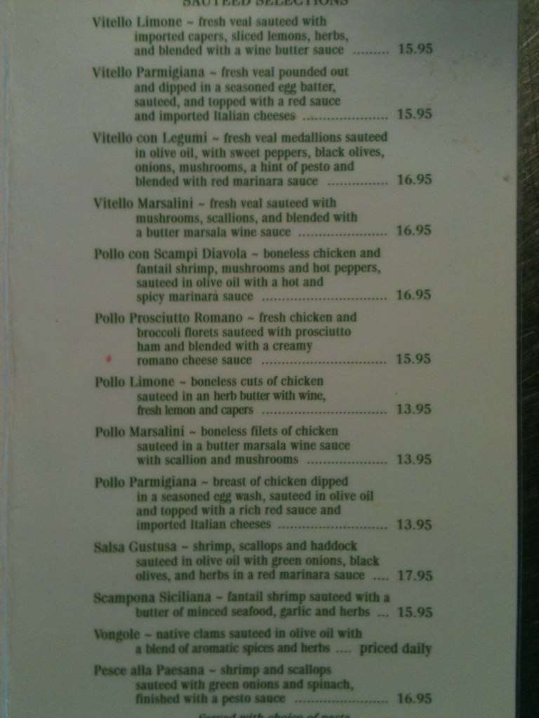 Menu at Traditions restaurant, Saco