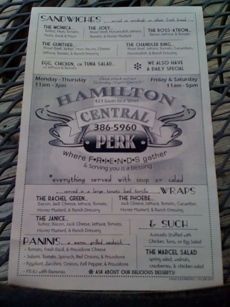 Menu at Central Perk cafe, Hamilton