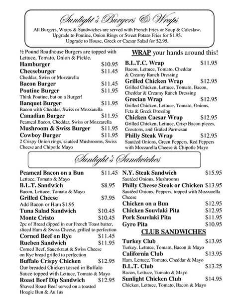 Menu at Sunlight Grill restaurant, Oakville, Royal Windsor Dr