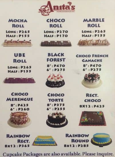 Menu at Anita's Bakeshop, Cebu City, 8V6V+H4J