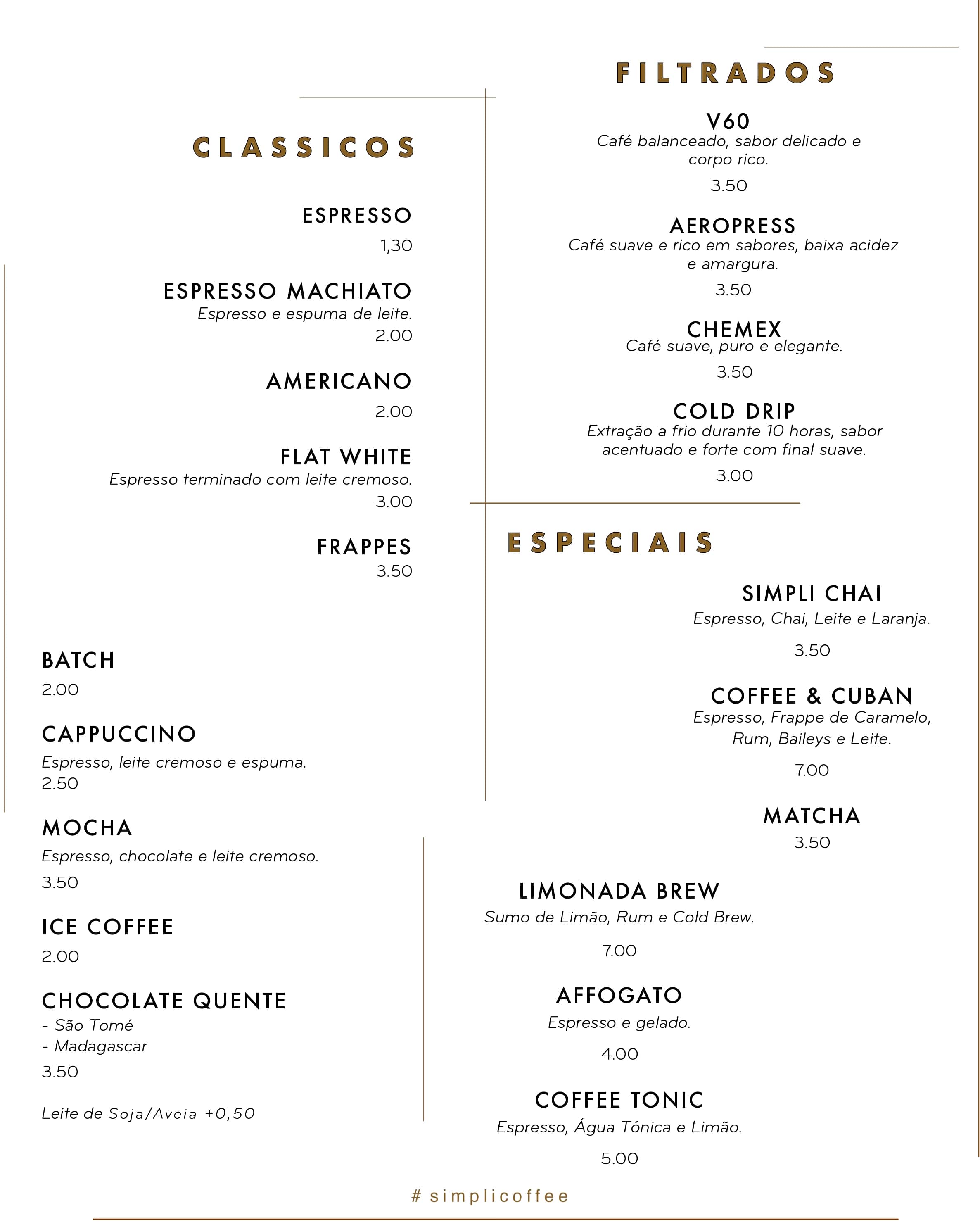 Menu at Simpli Coffee & Kitchen restaurant, Lisbon