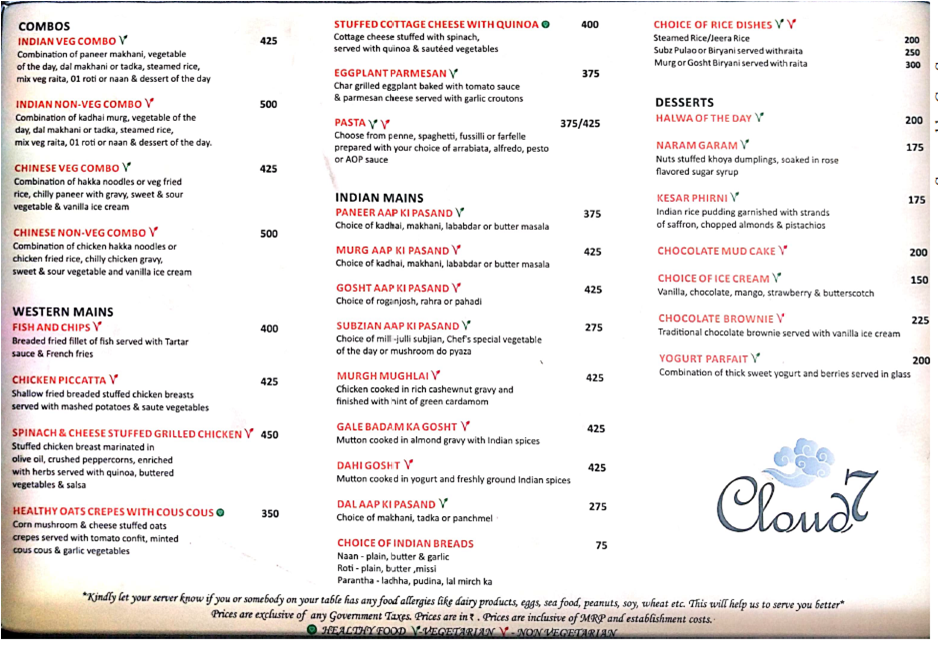 Menu at Cloud 7 - The Revolving Restaurant, India