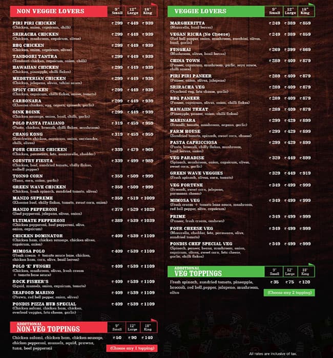 Menu of Pondis Pizza Hub, Kazhakkoottam, Trivandrum