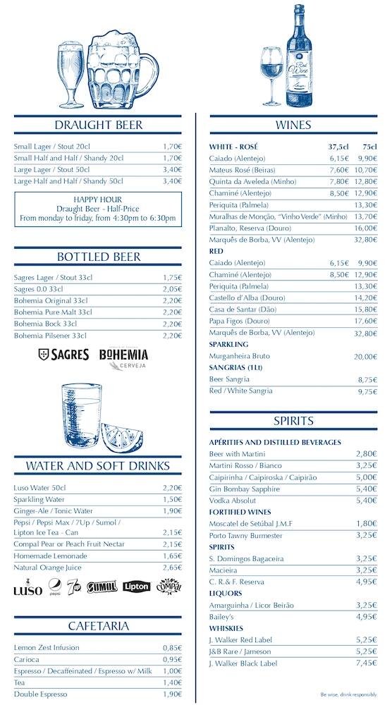 Menu at Portugalia Cervejaria Alvalade restaurant, Lisbon