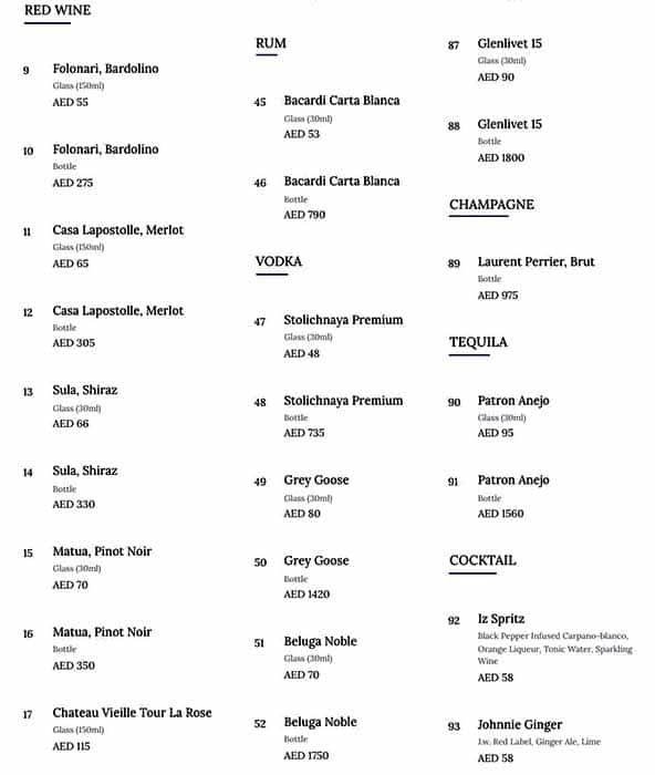 Menu at NOÉPE, Park Hyatt Dubai restaurant, Dubai