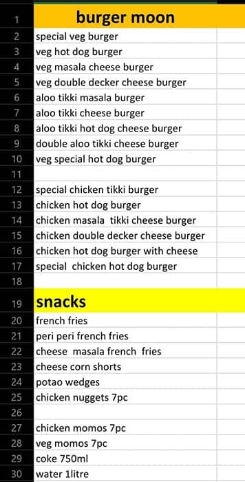 Menu of Burger Moon, Sanjay Nagar, Bangalore