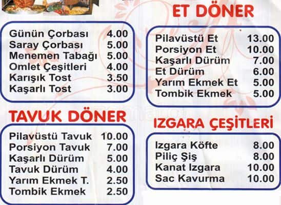 Carta de Yedoy Döner & Kebap Salonu, Estambul