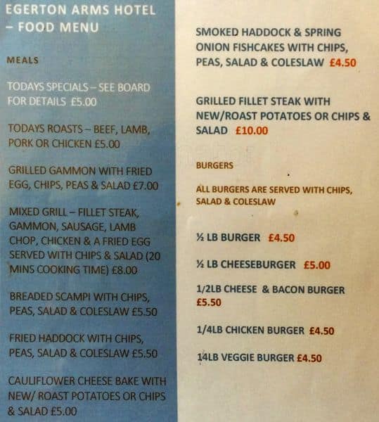 Menu at Egerton Arms pub & bar, Manchester, 2 Gore St