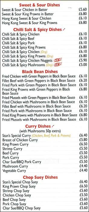 Menu at Stan's fast food, Glasgow