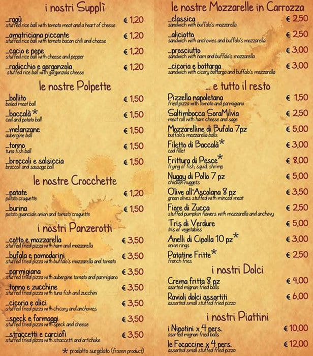 Menu at I Fritti De Sora Milvia fast food, Rome
