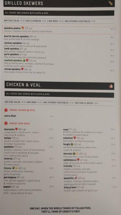 Menu at Criniti's Castle Hill restaurant, Castle Hill