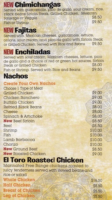 Menu at El Toro mexican grill restaurant, New York City, 69 New St