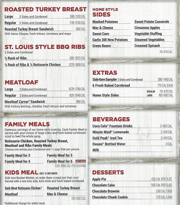 Menu at Boston Market restaurant, Daly City